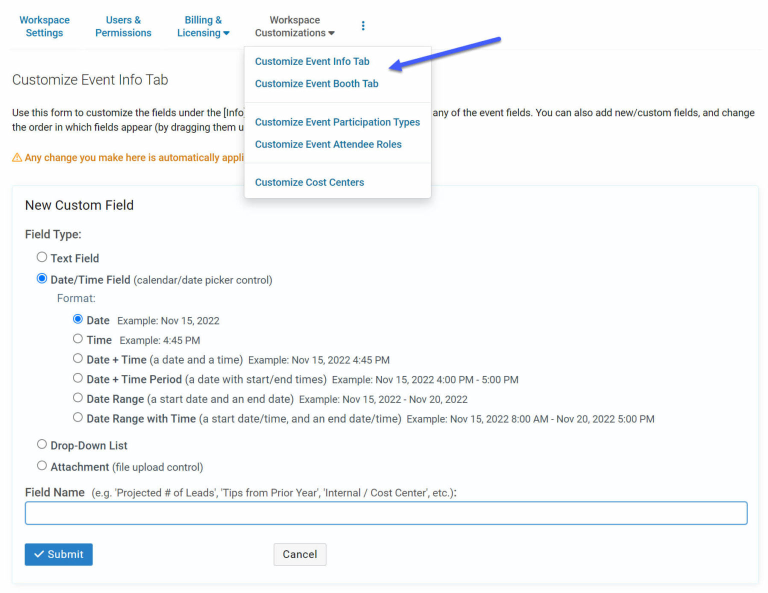 Event Custom Datetime Fields Exhibit Day