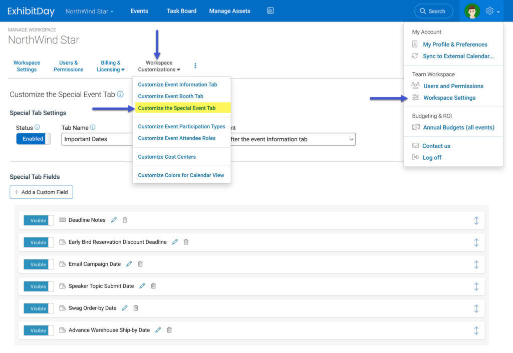 The Special Event Tab - Exhibit Day