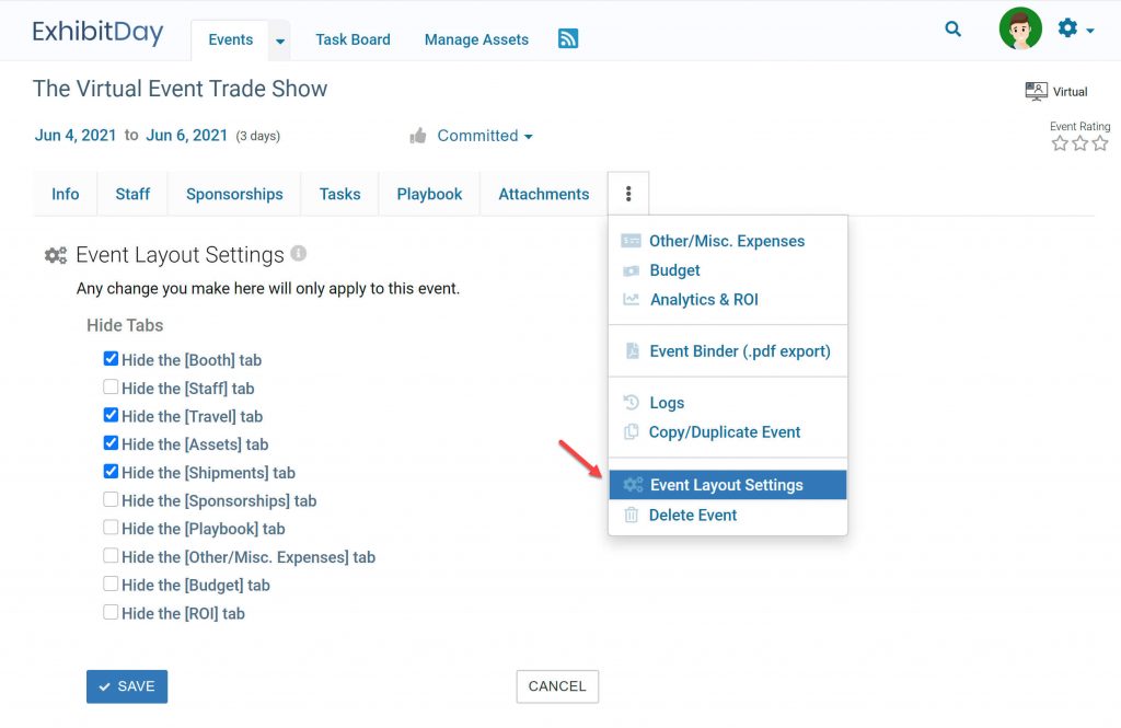 Event Layout Settings - Exhibit Day