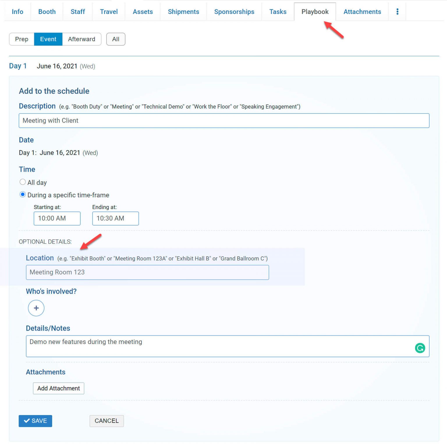 Specifying the Location for Scheduled Items in the Event Playbook ...