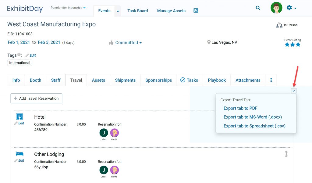 Exporting Individual Event Tabs - Exhibit Day